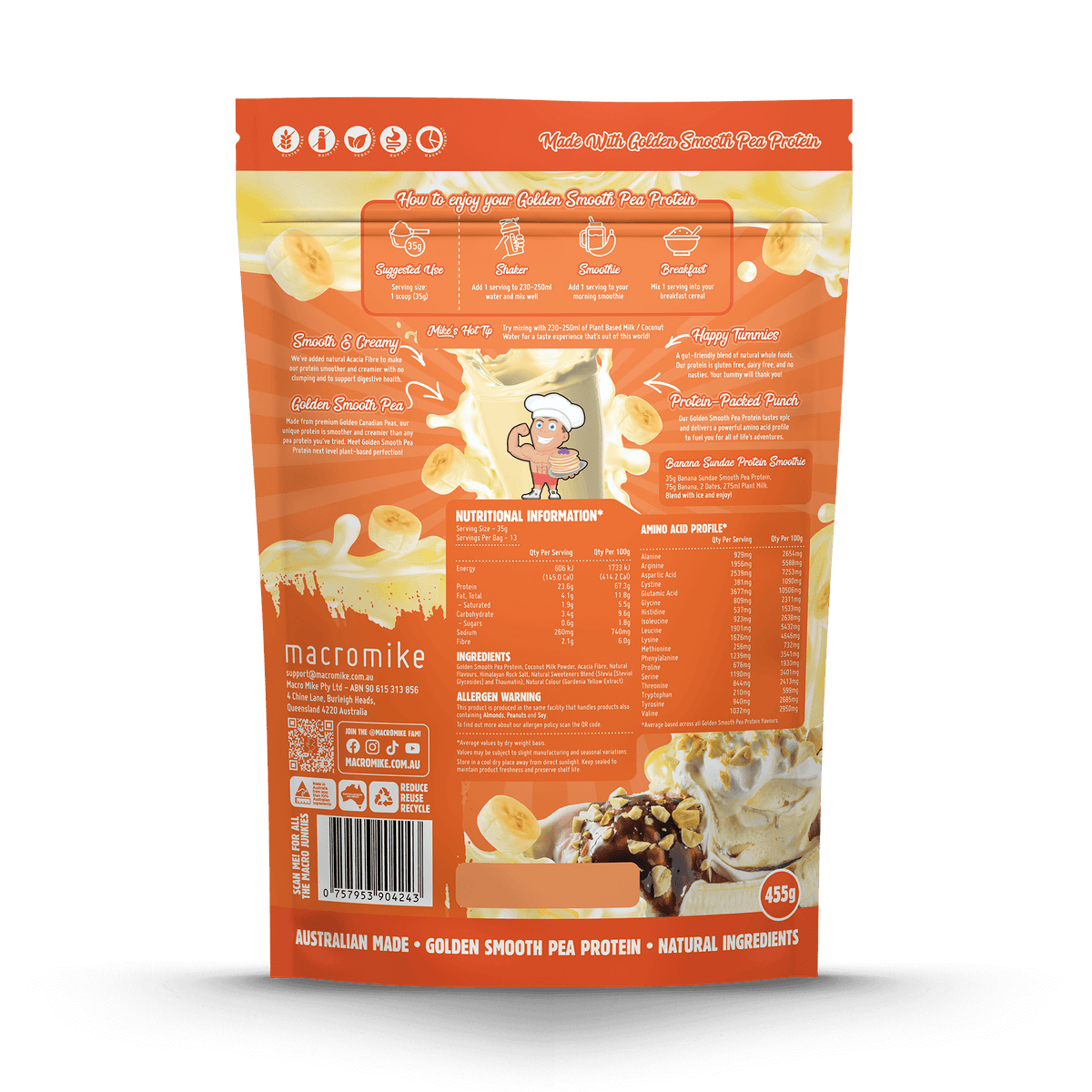 Banana Sundae Golden Smooth Pea Protein (455g Bag) – Macro Mike