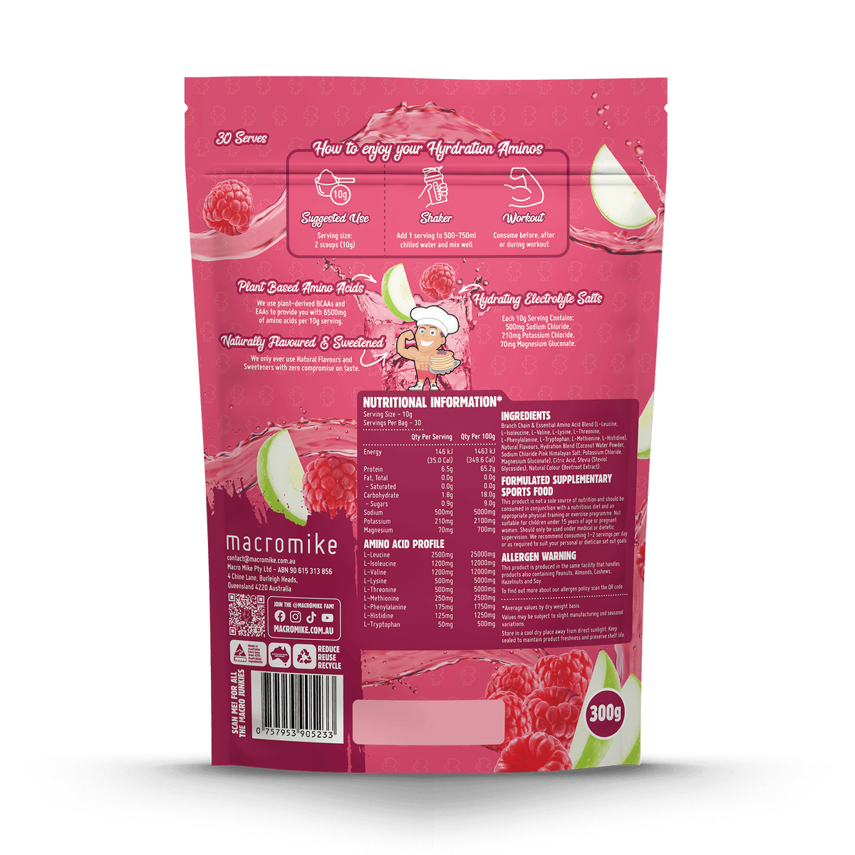 Apple Raspberry Crush Hydration Aminos (300g Bag) – Macro Mike