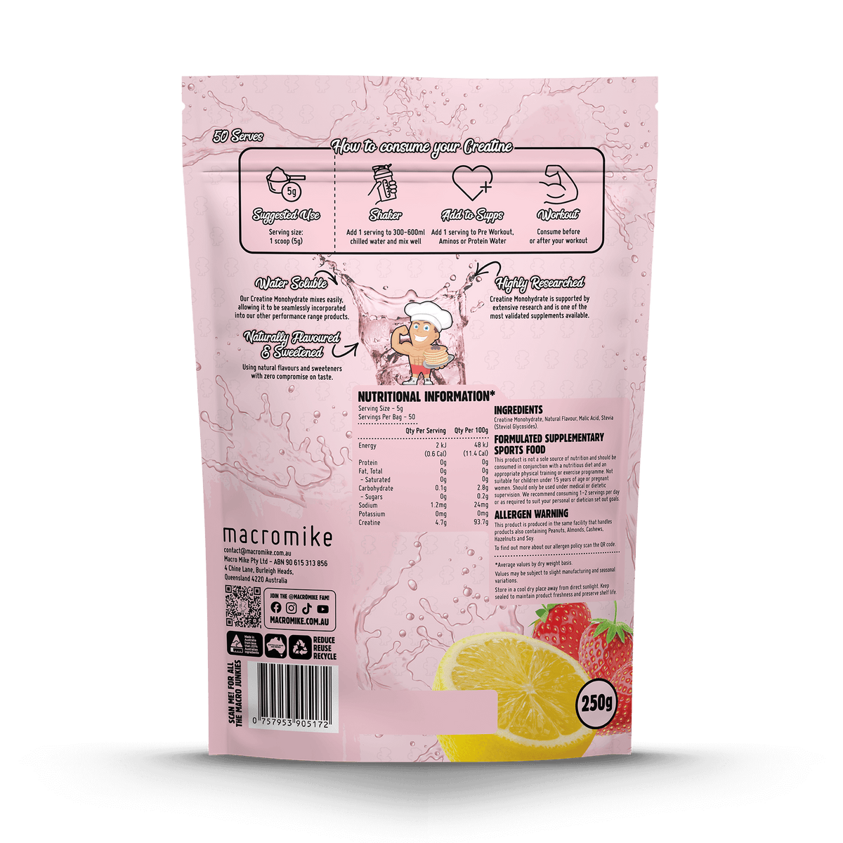 Strawberry Lemonade Creatine Monohydrate (250g Bag) – Macro Mike