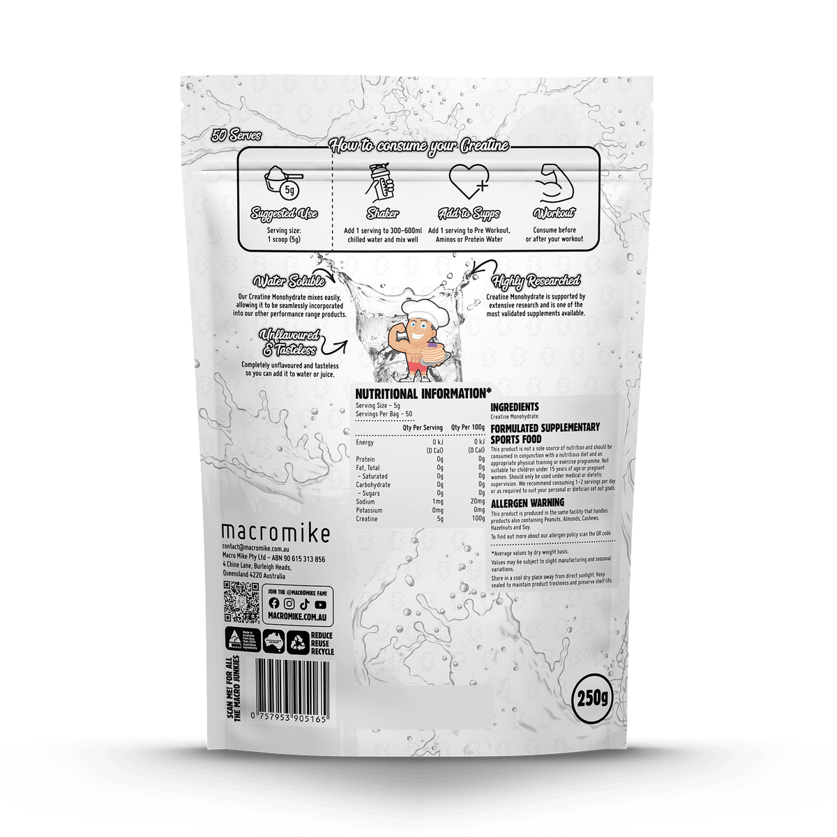 Unflavoured Creatine Monohydrate (250g Bag) – Macro Mike